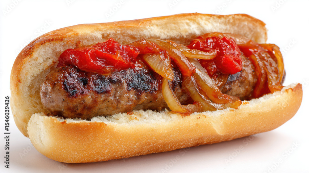 South African-style hot dog with boerewors, grilled onions, and tomato ...