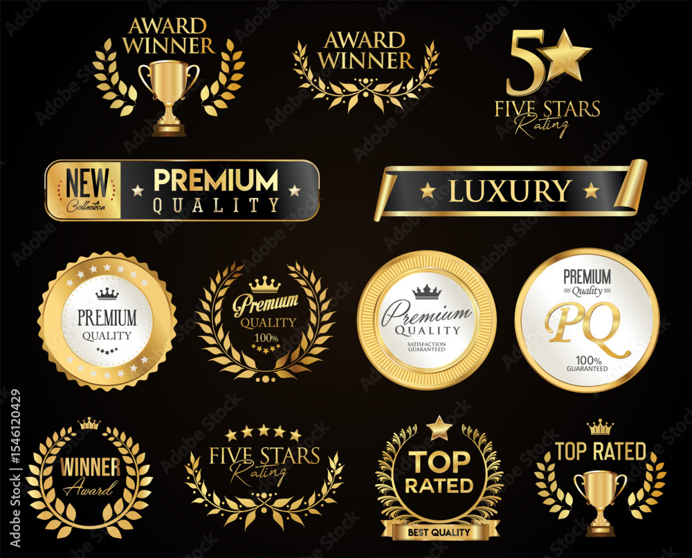 Golden luxury award labels and badges gold premium quality certificate ...