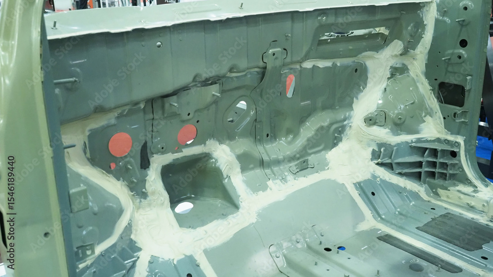 Car body.The interior of a vehicle chassis undergoing seam sealing ...