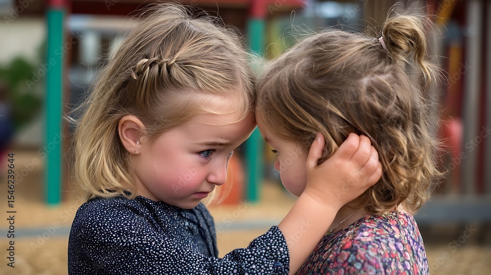 Little girl comforting her crying friend at school, gentle touch ...