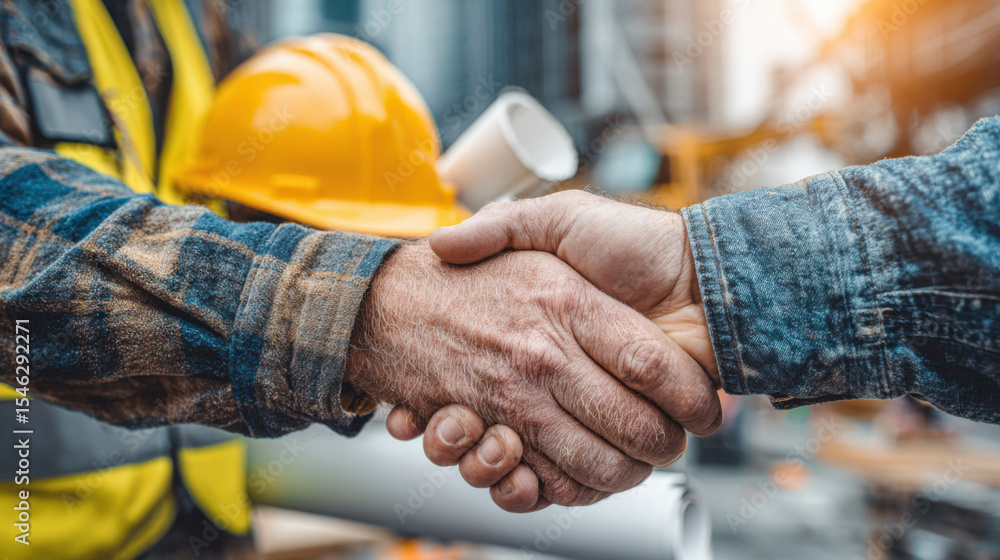 Foto de Stock Two construction workers firmly shake hands in agreement ...