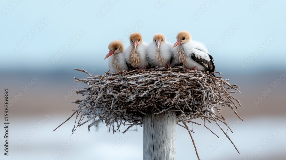 This charming image showcases four fluffy baby storks nestled closely ...