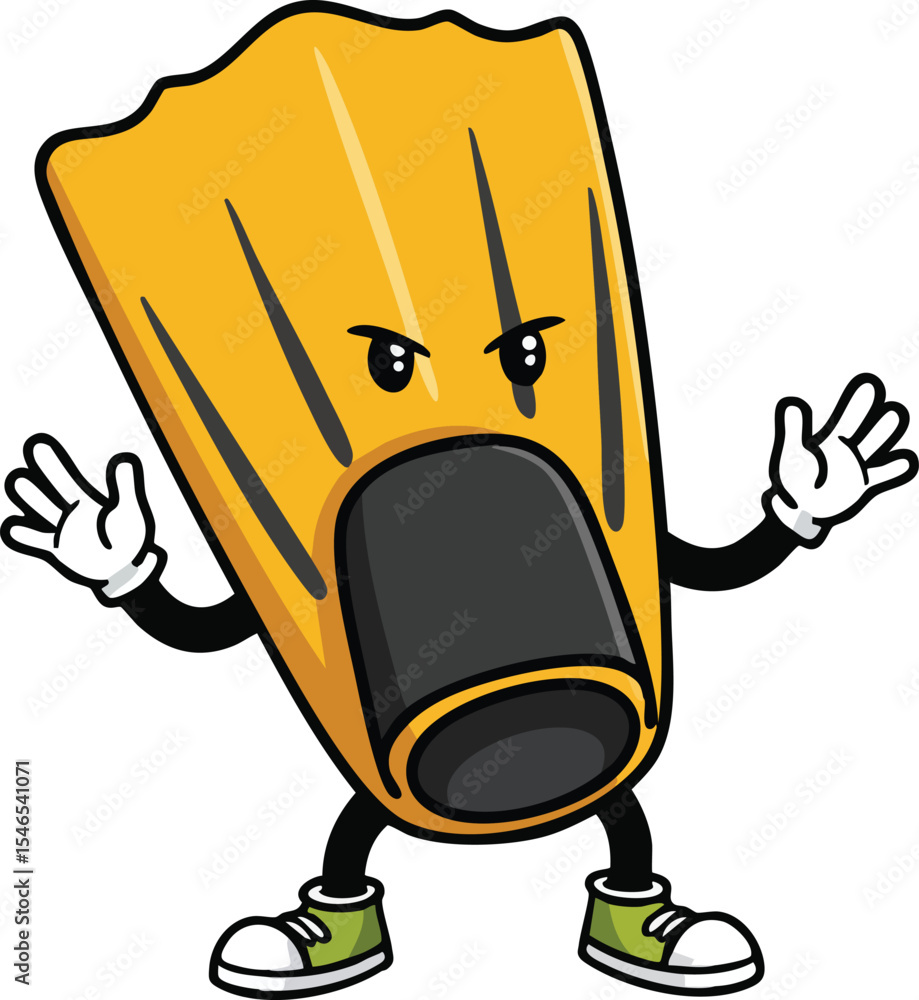 Cartoon yellow diving fin character with arms and legs in expressive ...