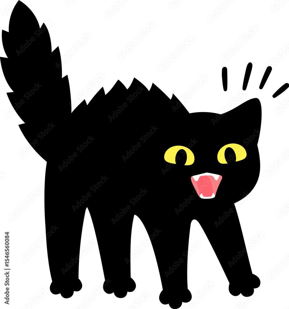 Angry black cat hissing and threatening with arched back and fur ...