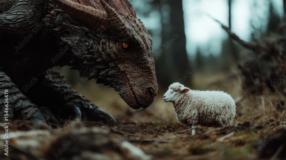 In a captivating encounter, a formidable dragon faces a curious sheep ...