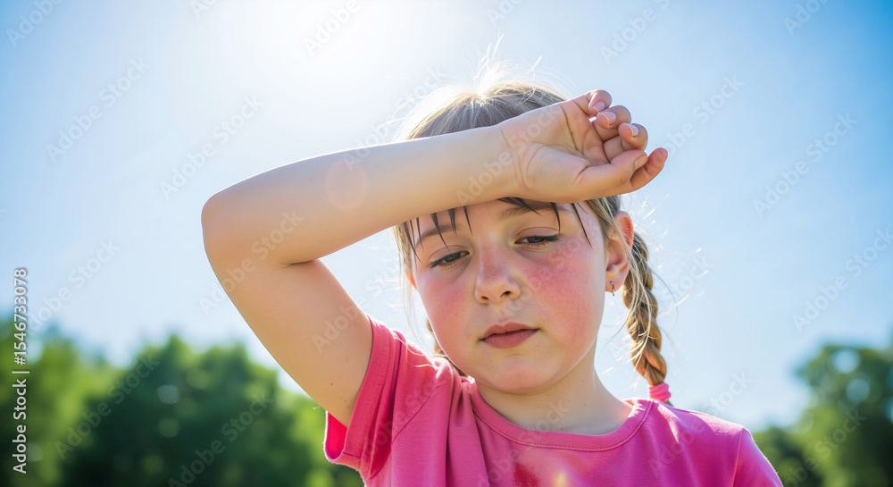 Little girl with braids, tired from the heat, holding her hand to her ...