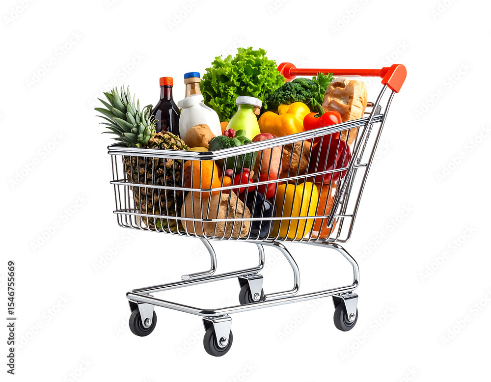 Grocery shopping cart full of fresh food healthy eating produce fruits ...