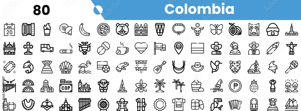 A vibrant collection of iconic symbols representing Colombia, featuring ...