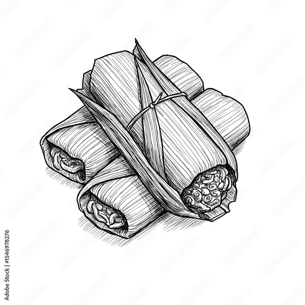 Tamales in Corn Husks Sketch. Monochrome vector illustration on ...