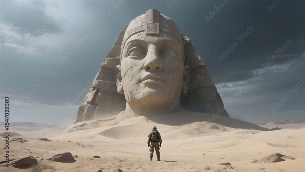 ภาพถ่าย Stock A lone explorer stands dwarfed at the base of an ancient ...