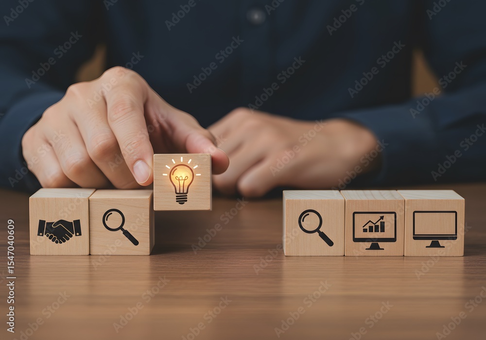 Photo Stock Wooden blocks with icons; the key stages of the design ...