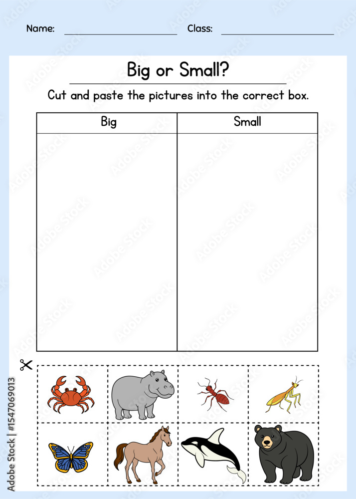 Big or small animals sorting worksheet for kids. Cut and paste activity ...