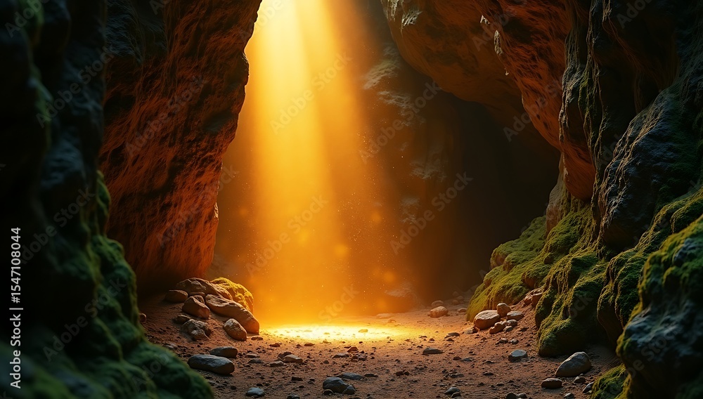 Mysterious bright light shines through cracks in ancient stone wall in a dark cave. Dust ...