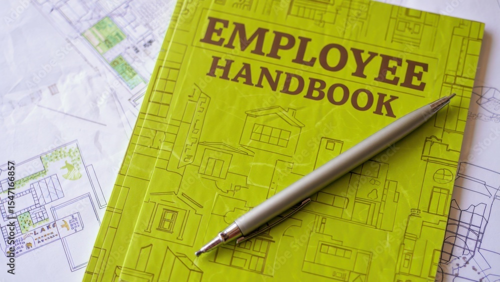Informative Employee Handbook with Architectural Plans Set on Table ...