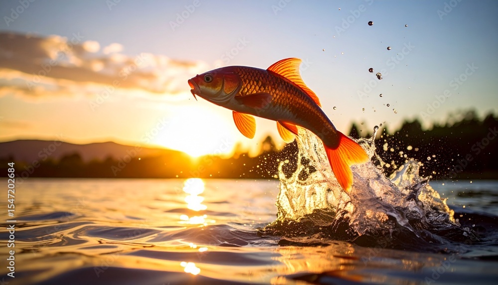 Close up photo of a koi fish jumping from the water with a blurry ...