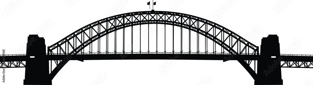Sydney Harbour Bridge silhouette, iconic steel arch, black and white ...