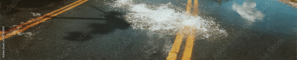 Vibrant Flooded Asphalt Road with Storm Runoff and Submerged Lane ...