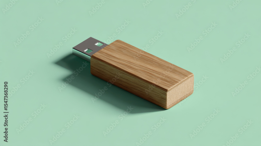 USB flash drive with wooden casing lies pastel green surface, casting ...