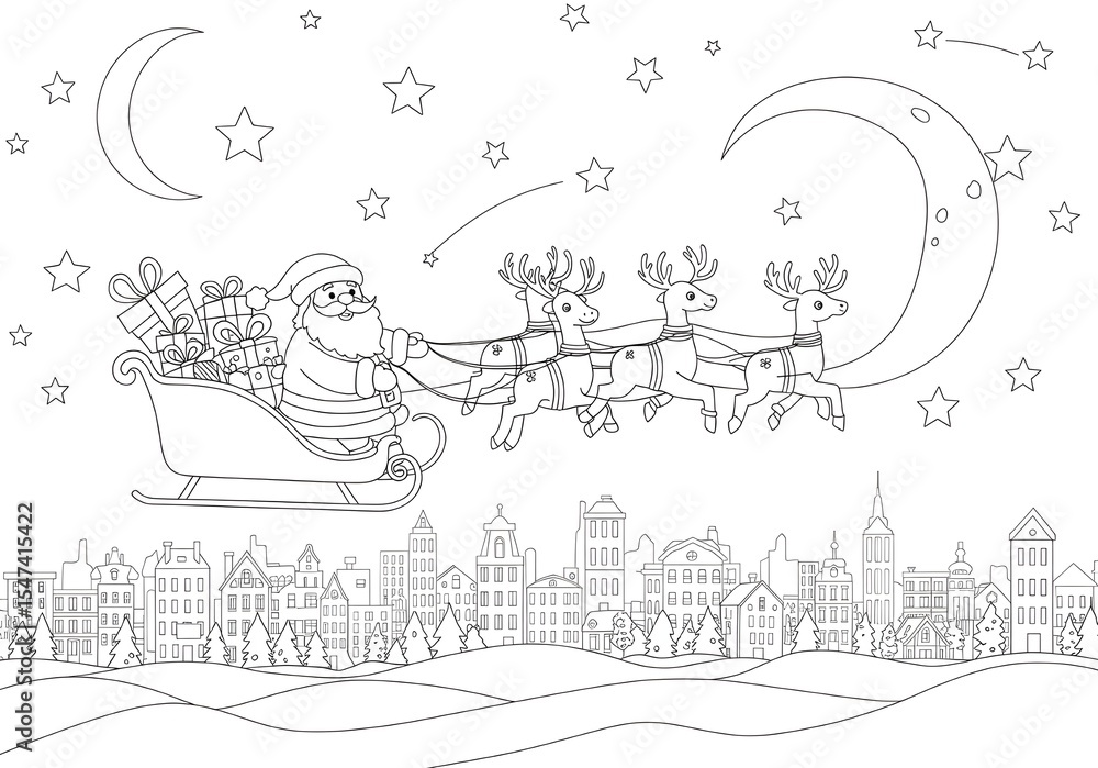 Coloring pages. cartoon christmas with santa claus with snowy city ...
