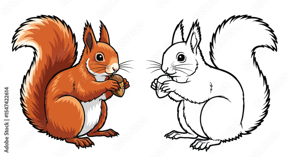 Eurasian Red Squirrel Coloring Page with Dual Styles Forest Animal ...