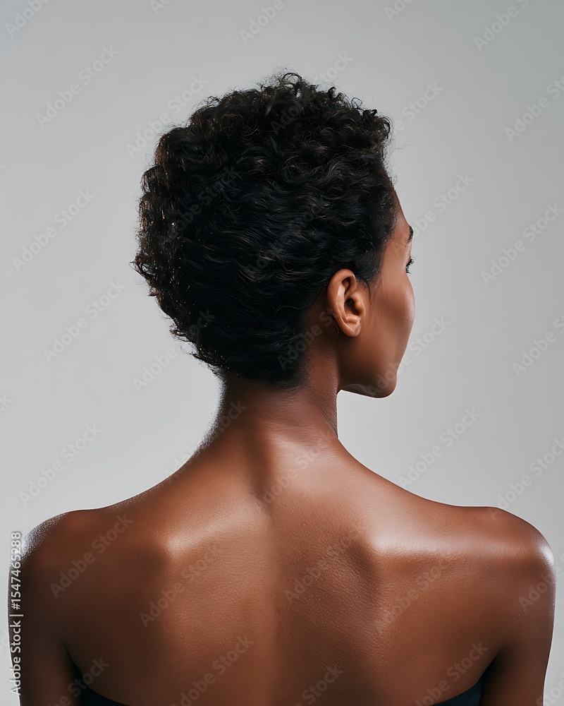 Back view of a Black woman showing subtle muscle tone and glowing skin ...