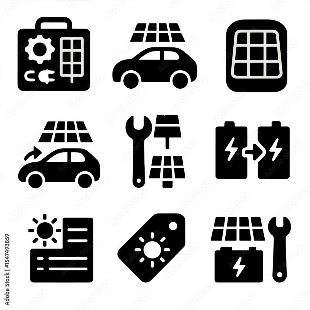 Solar Vehicle Icons. Solid style icons of solar vehicle conversion ...