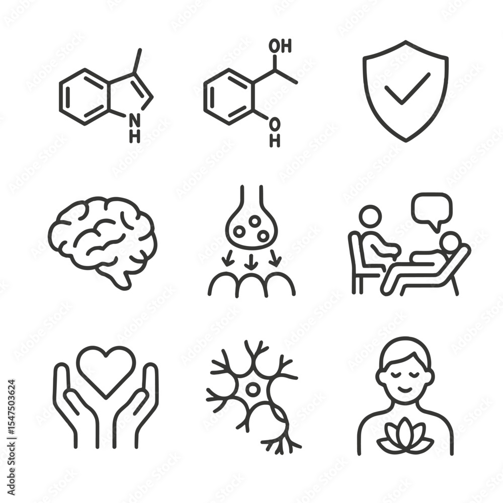 Addiction Recovery Icons. Outline icon set of brain chemistry in ...