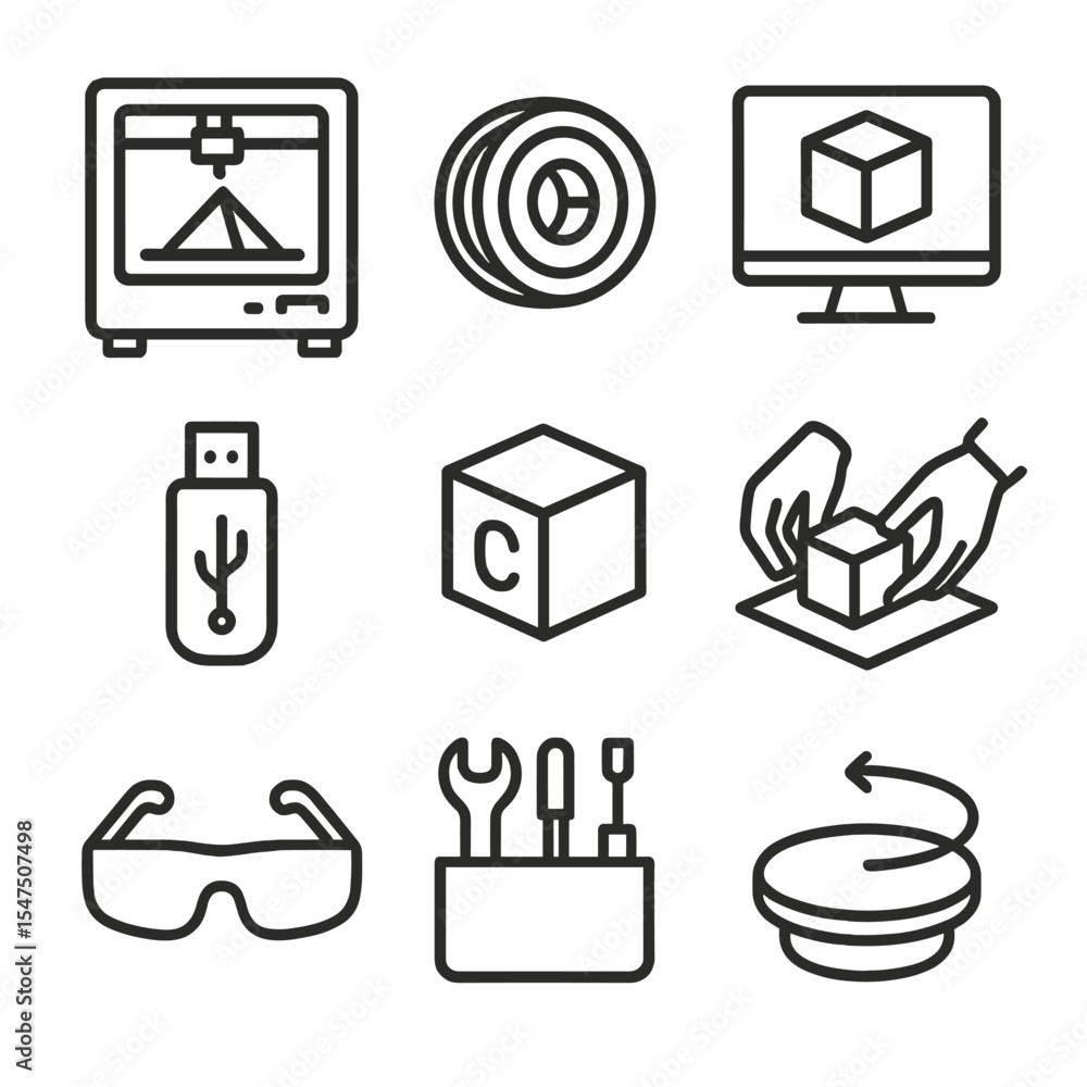 3D Printing Icons. Outline icon set of 3D printing makerspace: 3D ...