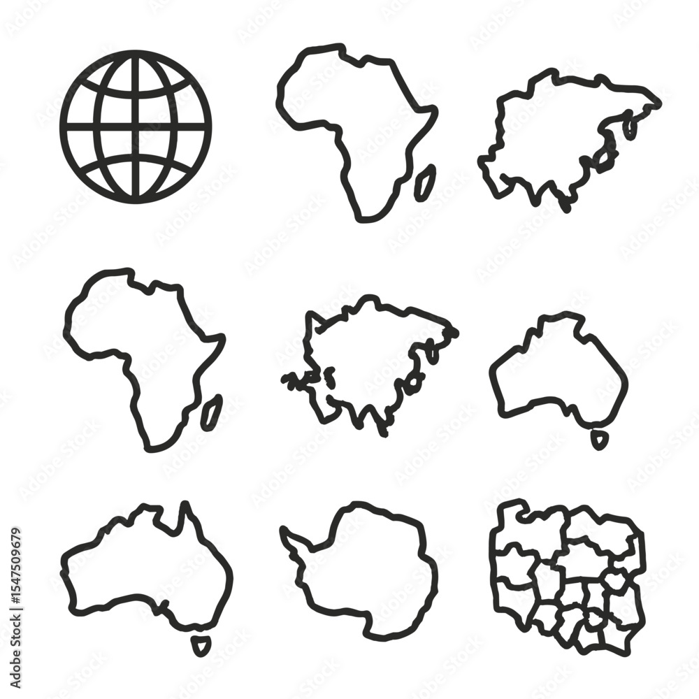 World Continents Icons. Outline icon set of world map and continents ...