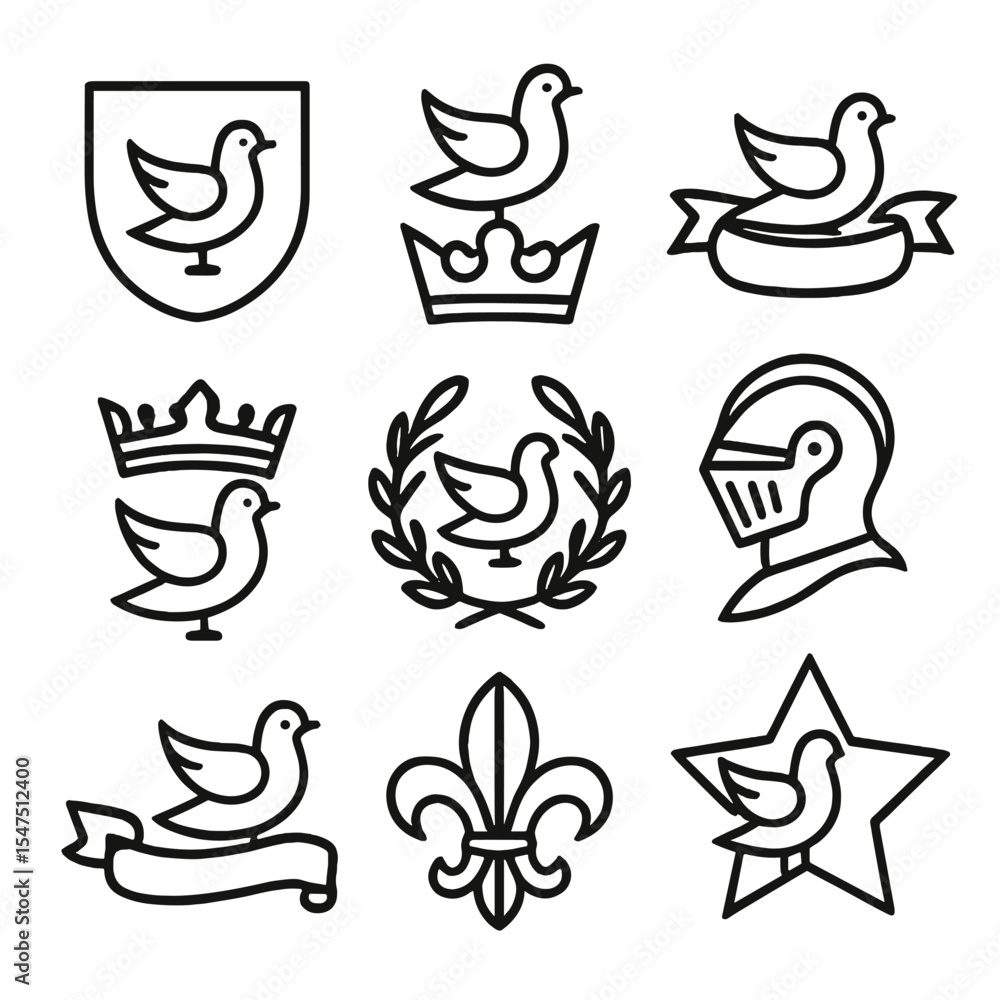 Vector de Stock Heraldic Dove Icons. Outline icon set of dove in ...
