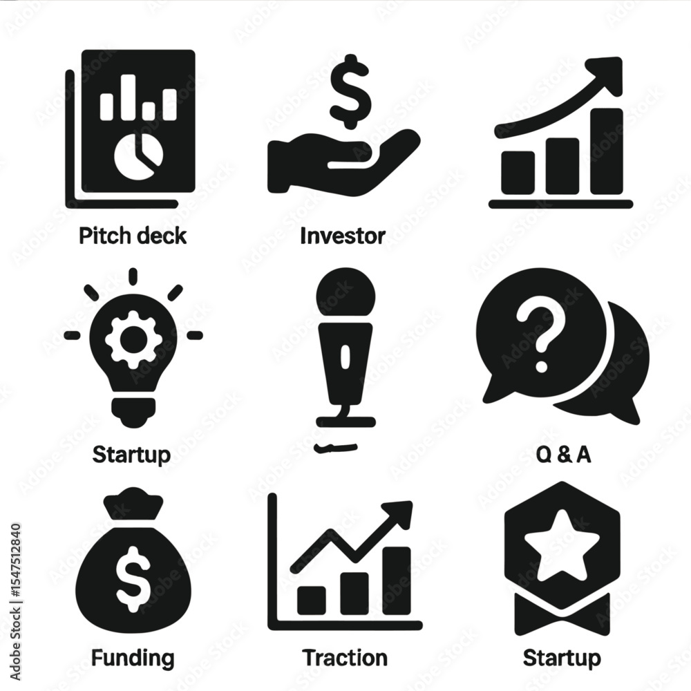 Startup Pitch Icons. Solid, filled icons set of startup pitch ...