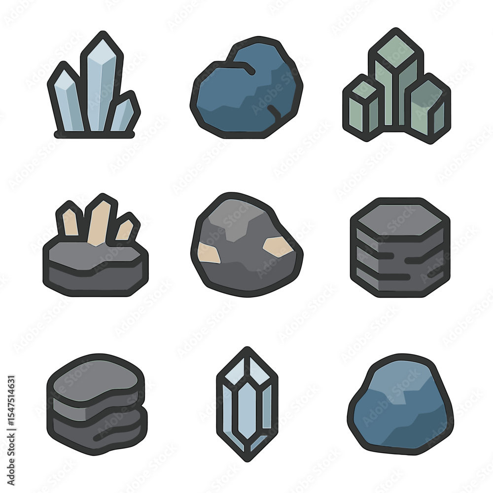 Mineral Icon Grid. Flat icon set of mineral types: lithium, cobalt ...