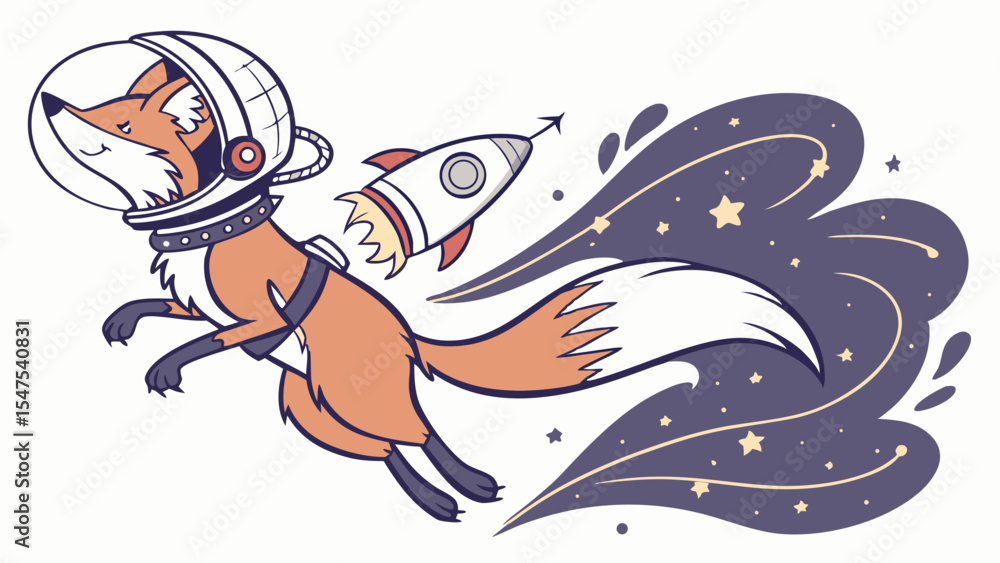 Cute cartoon fox astronaut flying through space with a rocket and stars ...