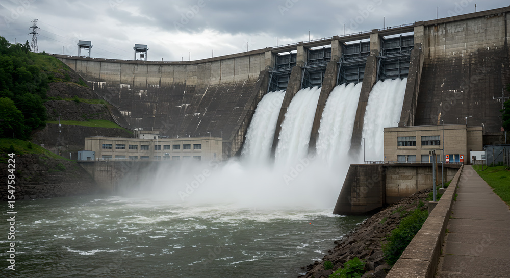 Hydropower dam with water flowing through spillways. Sustainable energy ...