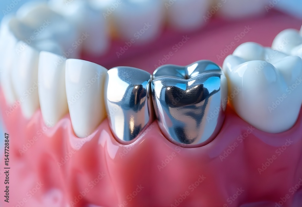 A dental model featuring a set of teeth with two prominent silver ...