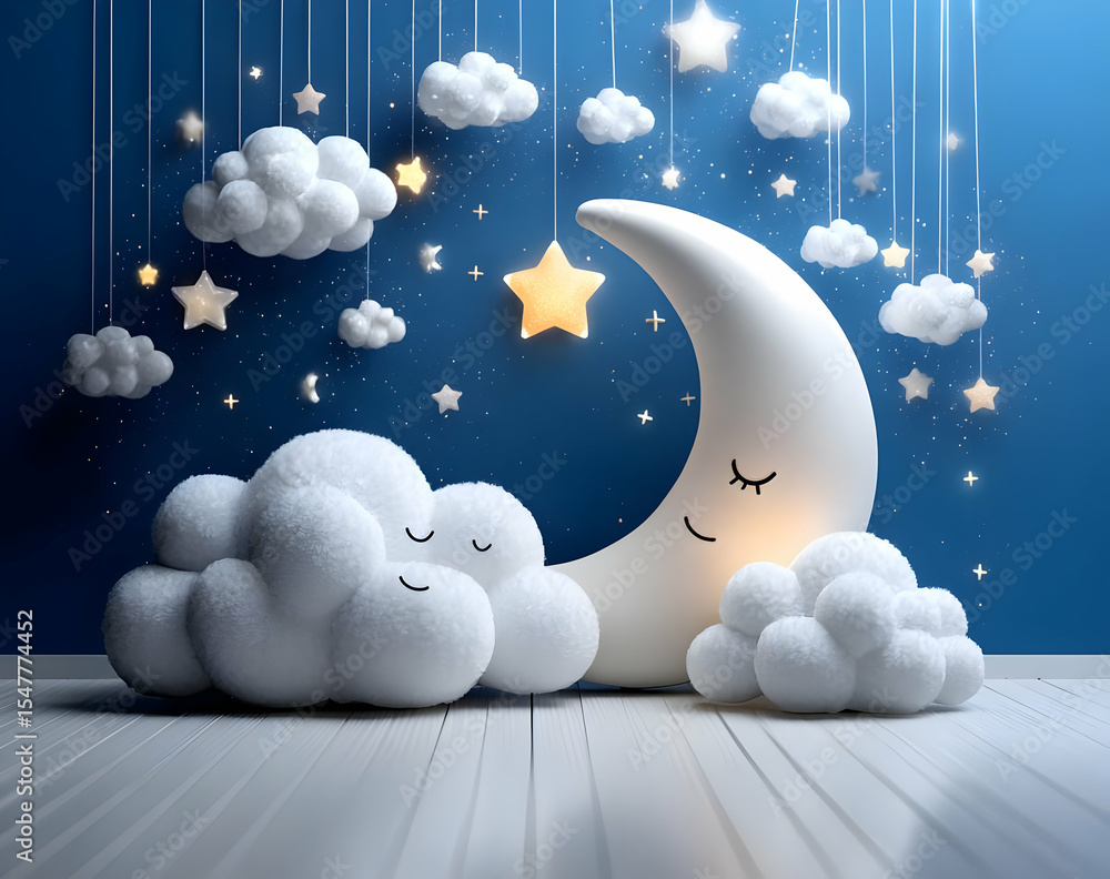 A whimsical night scene featuring a crescent moon, smiling clouds, and ...