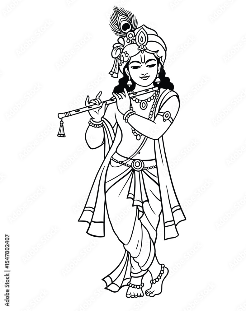 Krishna drawing. It is a black and white outline sketch of Lord Krishna ...
