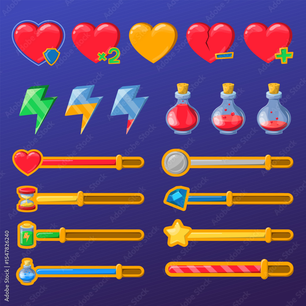 Vector de Stock Gaming icons set. Vector heart, potion and energy ...