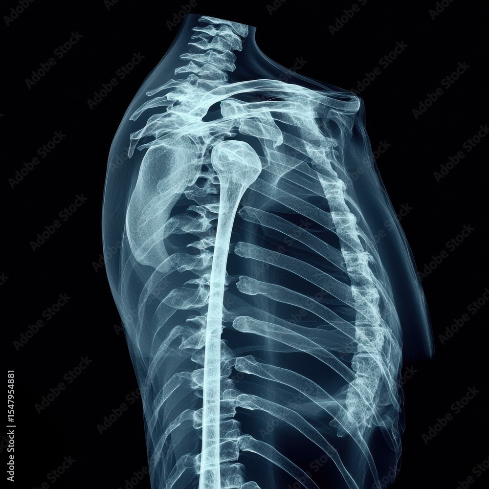 Side view x ray of human upper body skeleton highlighting thorax and ...