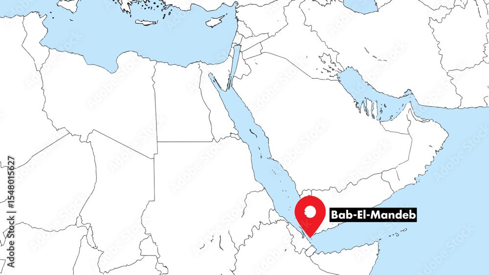 Flat vector white land and ocean map with location icon labeled Bab el ...