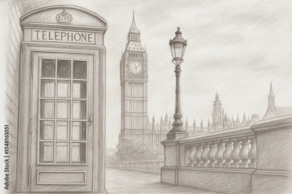 A pencil sketch of London?s iconic telephone booth with Big Ben in the ...