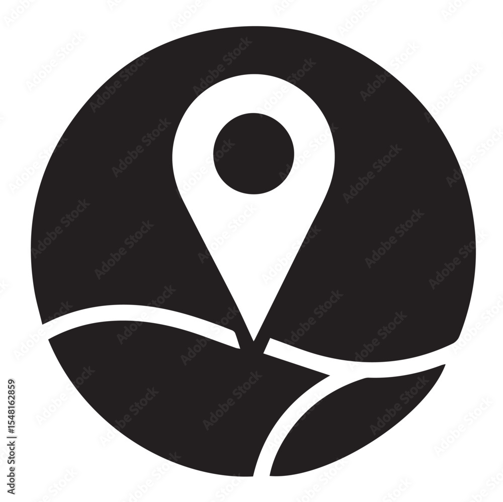 A white map marker or location pin on a stylized black circular map ...