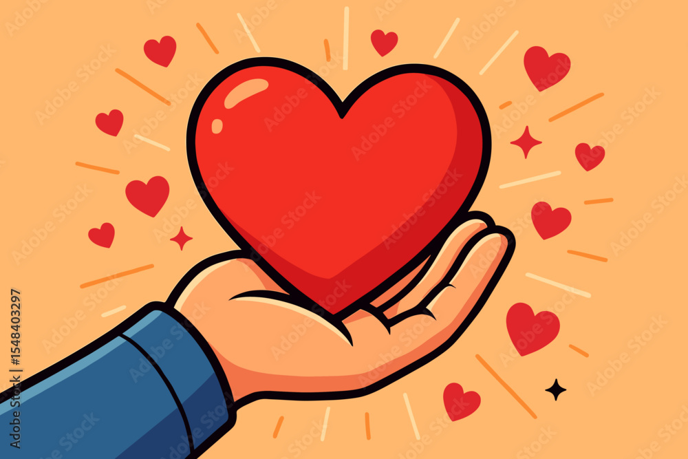 เวกเตอร์ Stock Outstretched hand holding large red heart, radiating ...