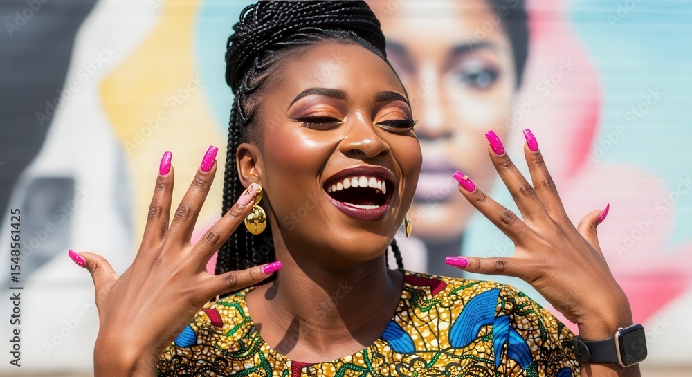 Beautiful african american woman with braids and pink nails smiling ...