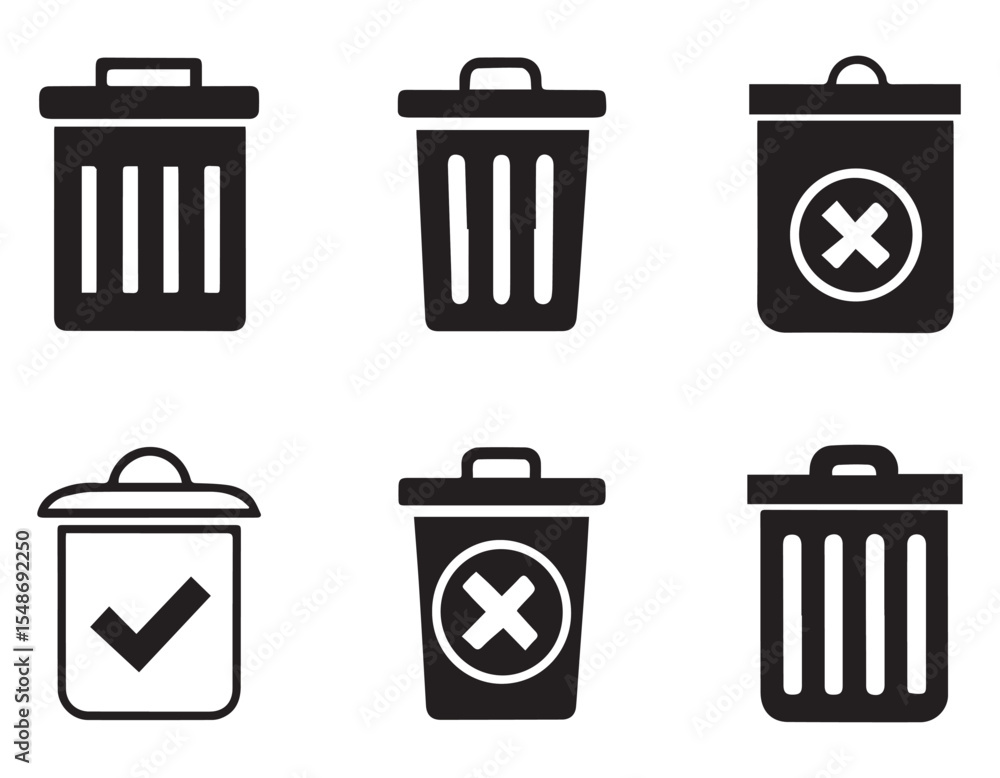 Trash Can Icons Delete, Recycle, and Restore Symbols for UI Design ...