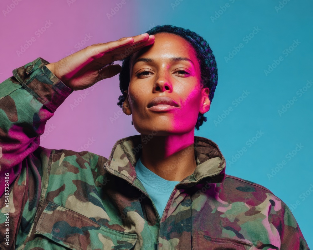 Confident Young Woman in Camouflage Saluting with Pride Against Colorful Background for Military ...