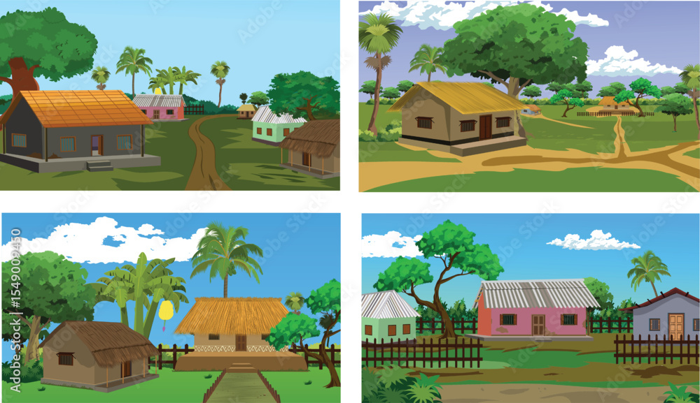 Cartoon Vector Indian Village Homes Set | Rural Countryside Landscape ...