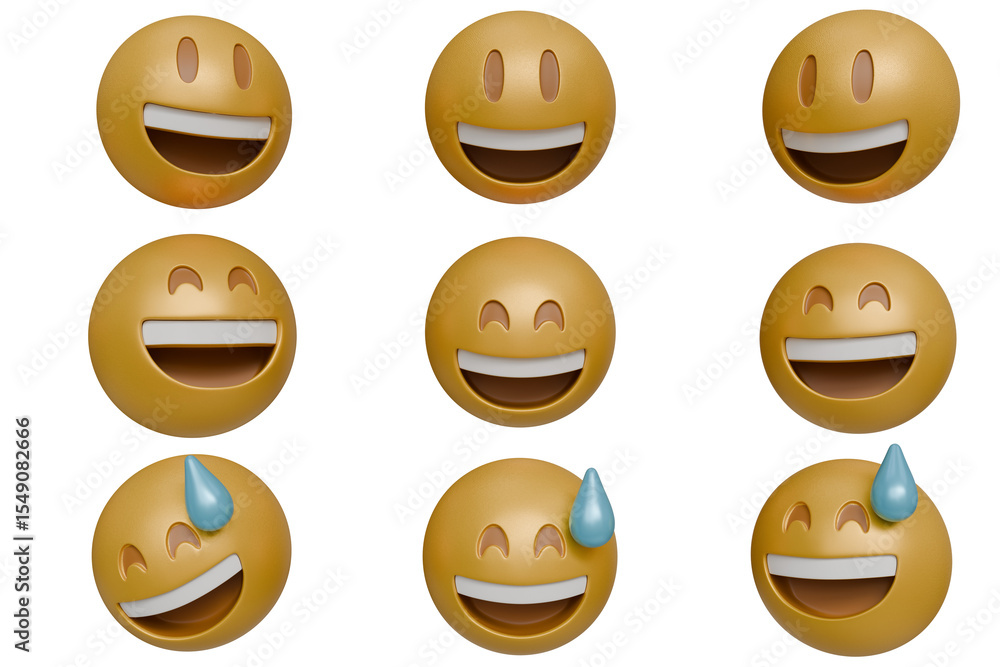 Nine 3D rendered emojis displaying variations of smiling faces ...