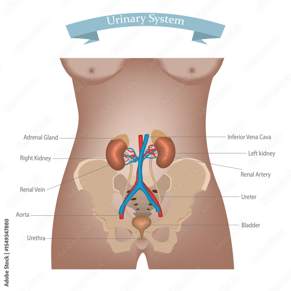 Стоковое векторное изображение «Human urinary system anatomy with labels. Human Urinary System ...