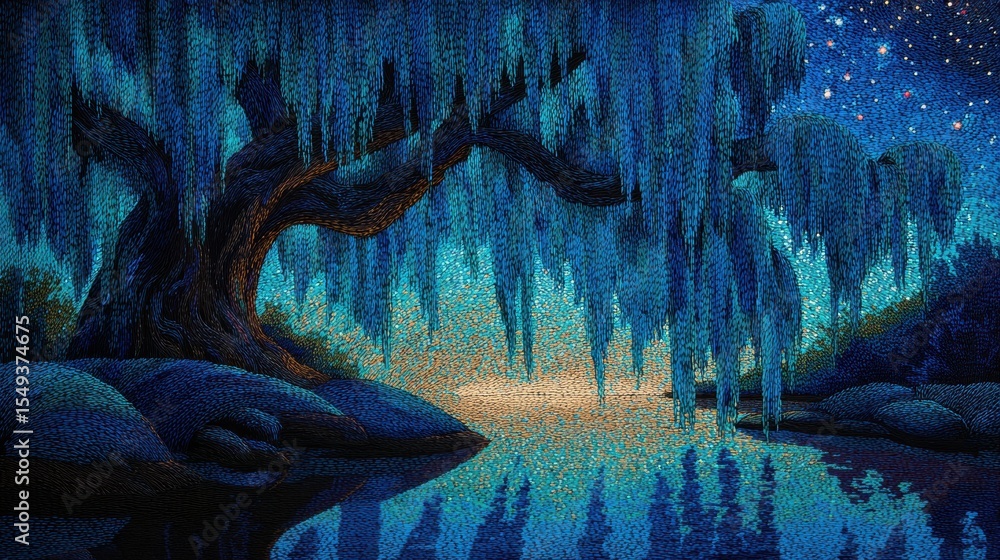 Enchanted willow tree dripping with luminescent moss under a starry ...